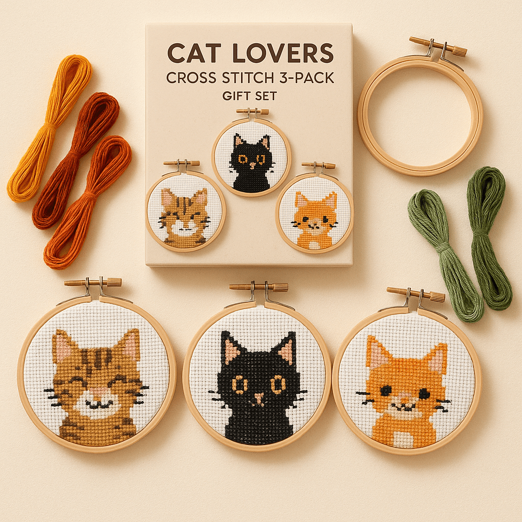 Cat Cross Stitch Kit 3-Pack | Cat Lovers Gift Set | Cross Stitched