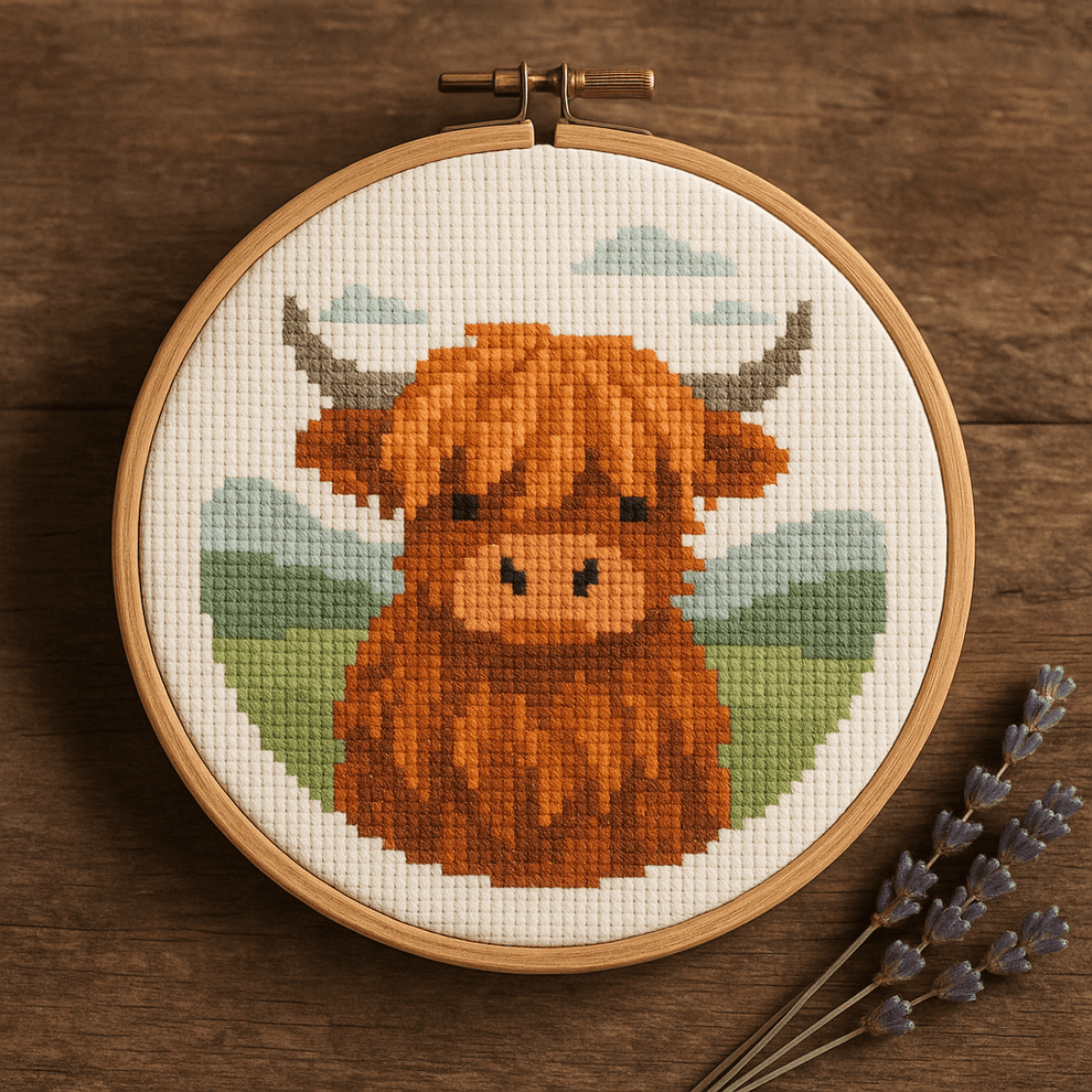 Highland Cow Cross Stitch Kit | Scottish Coo Embroidery | Cross Stitched